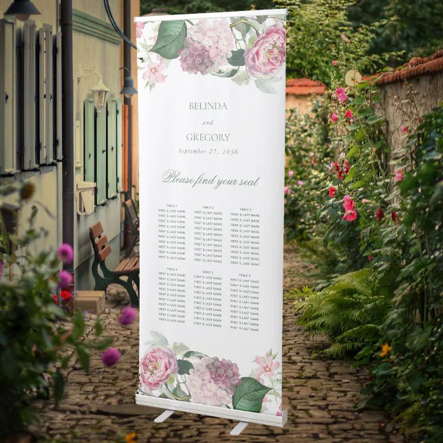 Pink Flowers Garden Wedding Seating Chart Retractable Banner | Zazzle