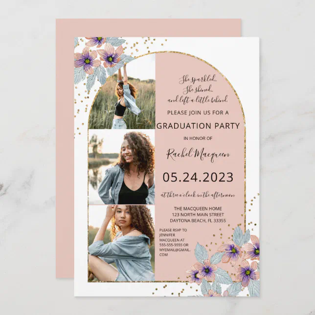 Pink Flowers Glitter Confetti Photo Graduation Invitation | Zazzle