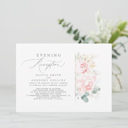 Pink Flowers Greenery Elegant Evening Reception Invitation | Zazzle