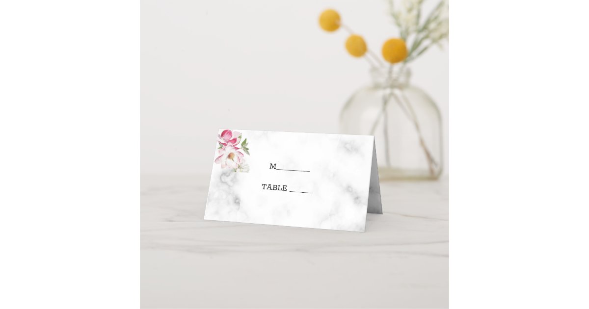 Pink Flowers On Marble Place Card | Zazzle
