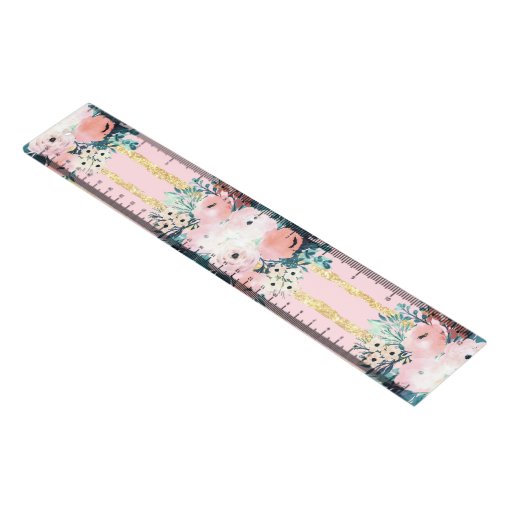 Pink Flowers Paint Gold Stripes Girly Design Ruler | Zazzle