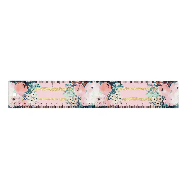 Pink Flowers Paint Gold Stripes Girly Design Ruler | Zazzle