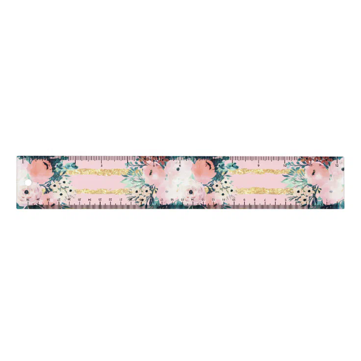 Pink Flowers Paint Gold Stripes Girly Design Ruler | Zazzle
