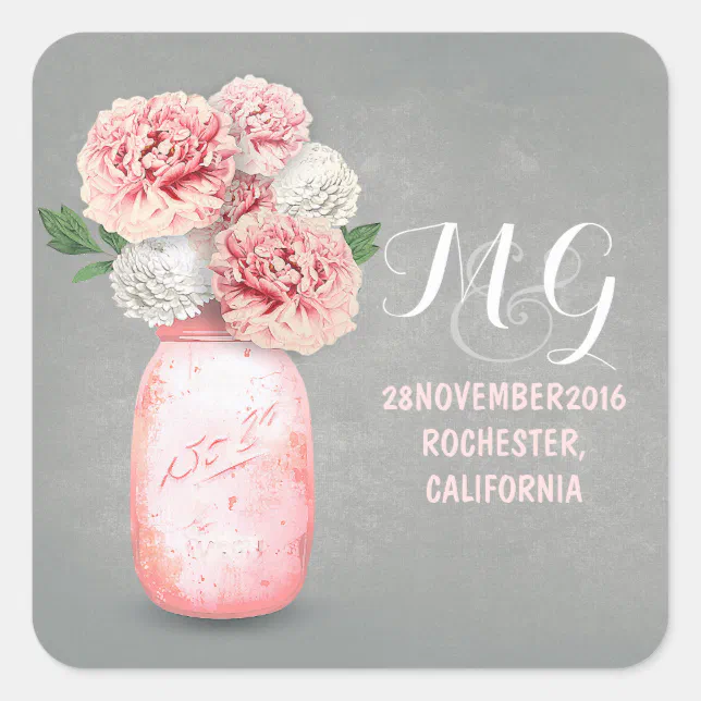 Pink flowers painted mason jar wedding stickers | Zazzle