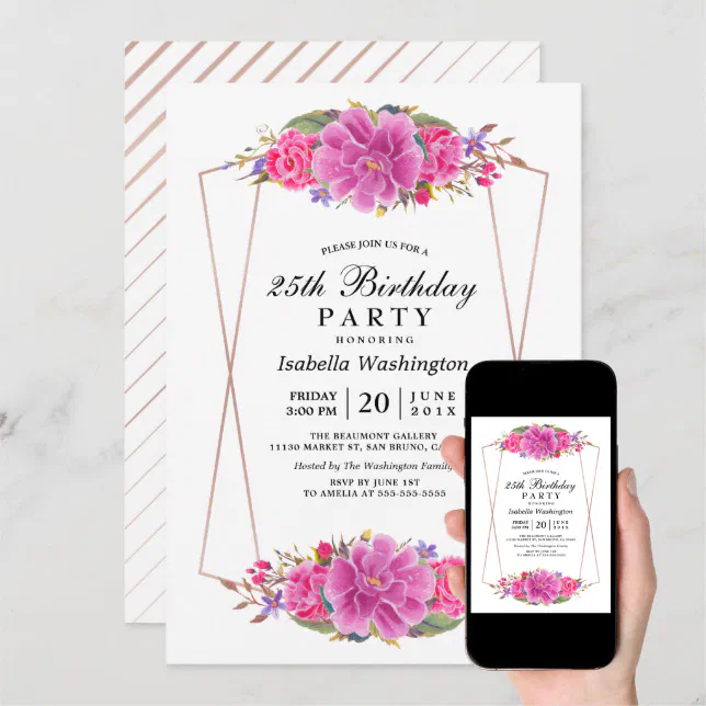 Pink Flowers & Rose Gold Geometric Birthday Party Invitation | Zazzle