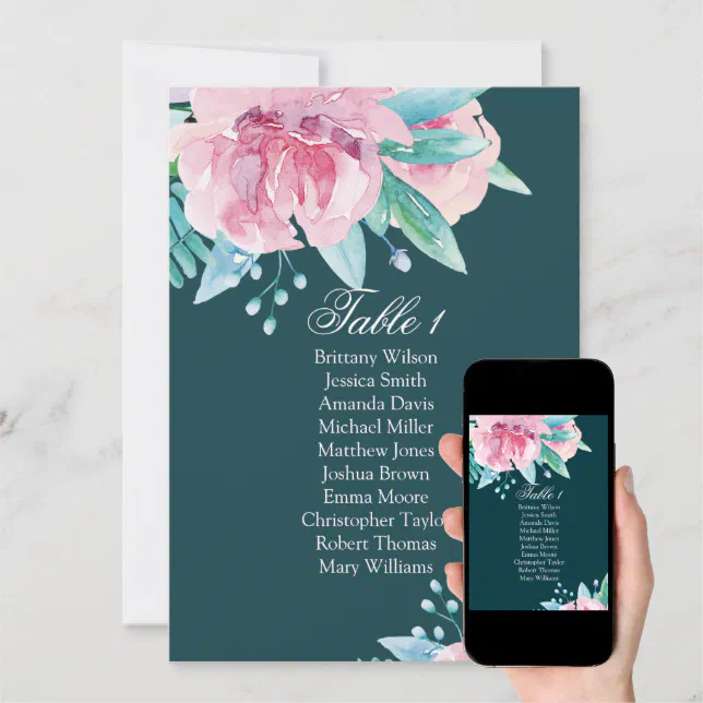 Pink flowers. Teal floral wedding seating chart Invitation | Zazzle