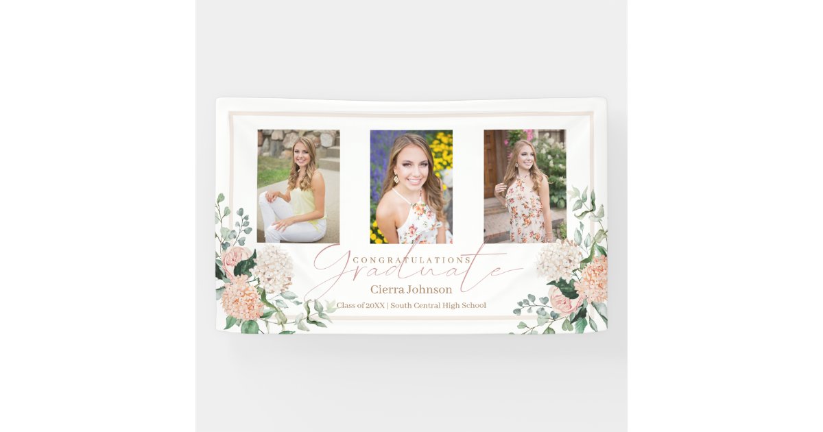 Pink Flowers Three Photos Calligraphy Graduation Banner | Zazzle