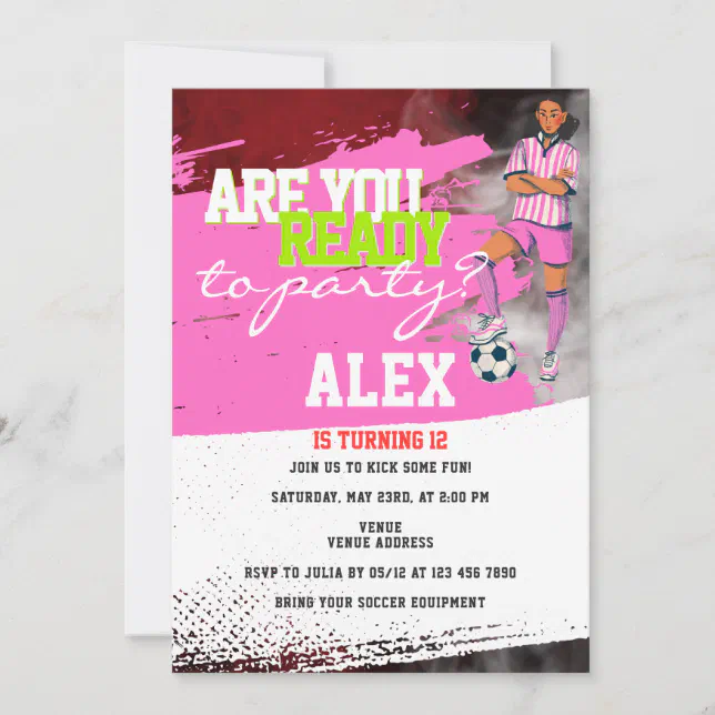 Pink Football Player Soccer Girl Birthday Party Invitation | Zazzle