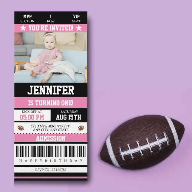 Pink Football Ticket Girl Birthday Party Photo Invitation | Zazzle
