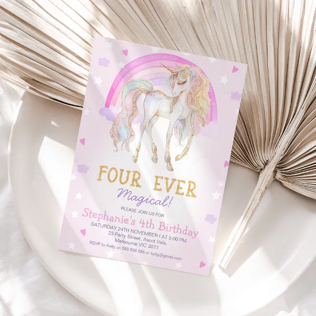 Pink Four Ever Magical Unicorn 4th Birthday Invitation | Zazzle