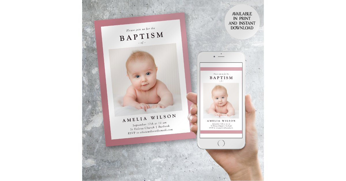 Pink Frame Simple Baptism Invitation | Zazzle