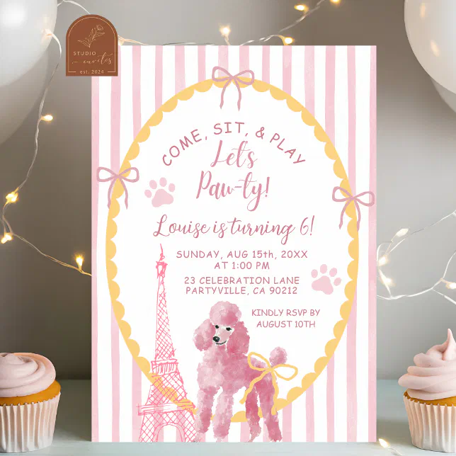 Pink French Poodle Come Sit Play Birthday Invitation | Zazzle