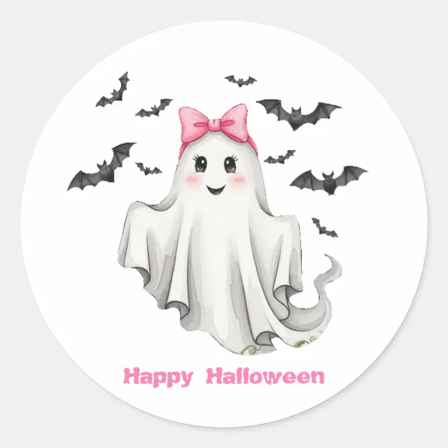 Pink Friendly Girl Ghost with Bats Flying Classic Round Sticker | Zazzle