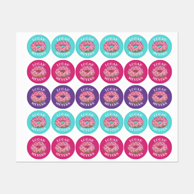 Pink Frosted Donut Doughnut Sprinkles Junk Food Kids' Labels | Zazzle