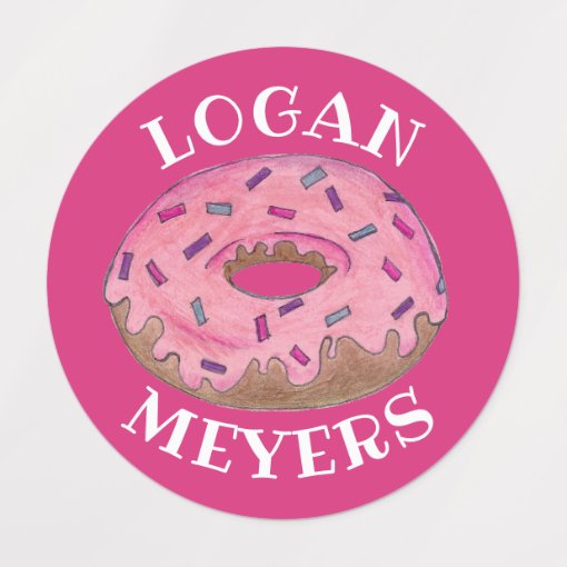 Pink Frosted Donut Doughnut Sprinkles Junk Food Kids' Labels | Zazzle
