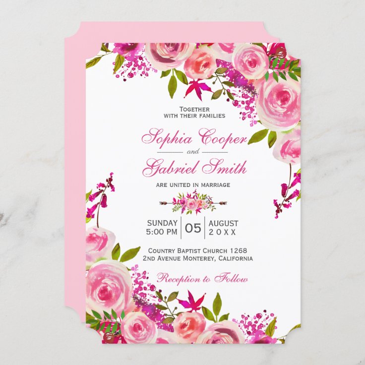 Pink Fuchsia Rose Botanical Floral Wedding Invitation | Zazzle
