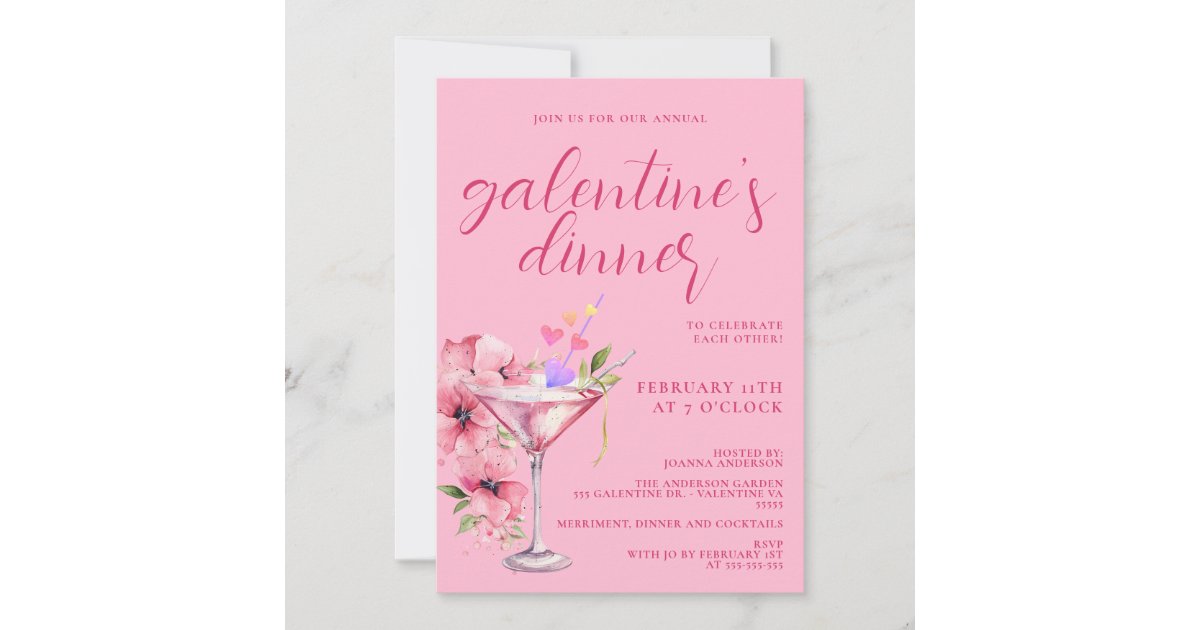 Pink Galentines Girls Night Dinner Cocktail Party Invitation | Zazzle