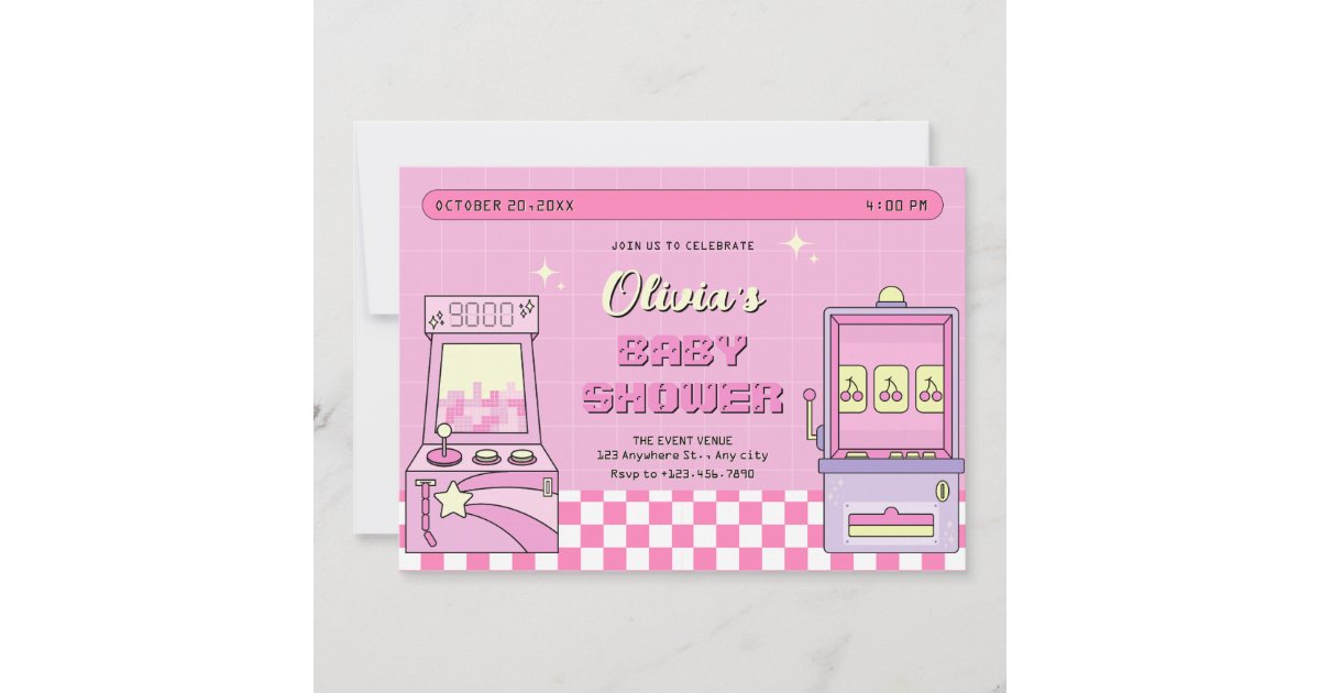 Pink game arcade baby shower invitation | Zazzle