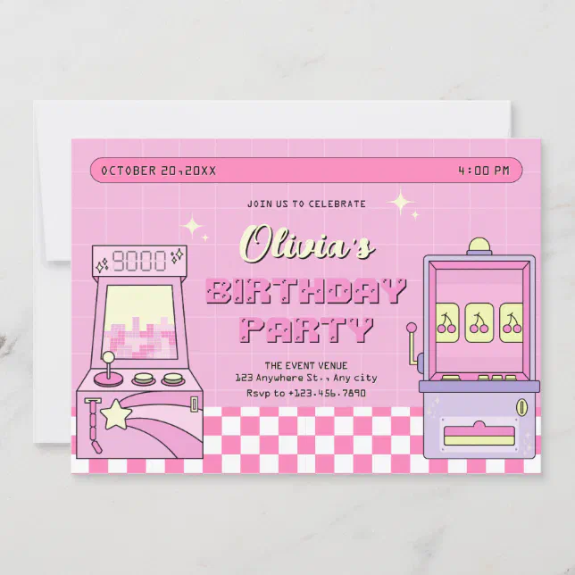 Pink game arcade invitation | Zazzle