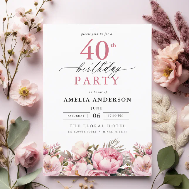 Pink Garden Floral Calligraphy 40th Birthday Invitation | Zazzle