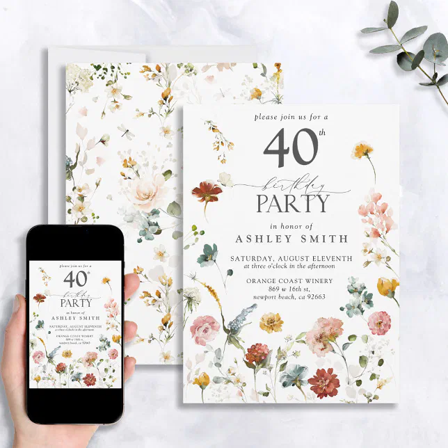 Pink Garden Floral Calligraphy 40th Birthday Invitation | Zazzle