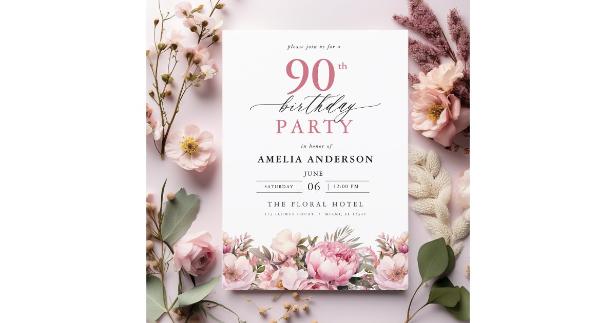 Pink Garden Floral Calligraphy 90th Birthday Invitation | Zazzle