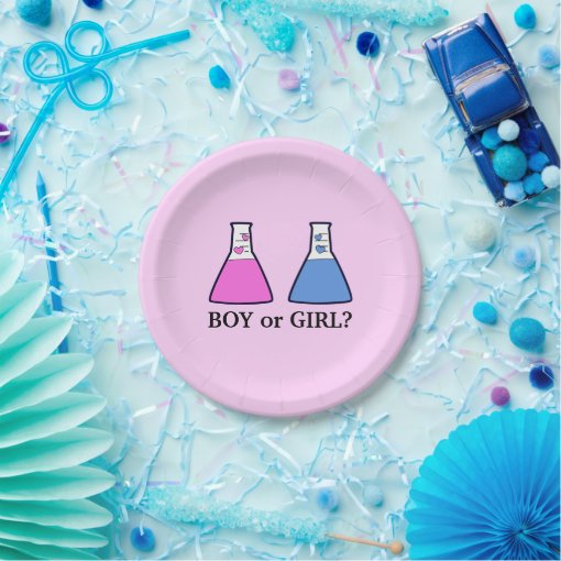 Pink Gender Reveal Science Beaker with Hearts Baby Paper Plates | Zazzle