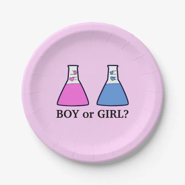 Pink Gender Reveal Science Beaker with Hearts Baby Paper Plates | Zazzle
