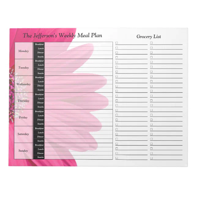 Pink Gerber Daisy Weekly Personalized Meal Planner Notepad | Zazzle