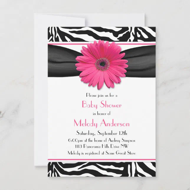 Pink Gerber Daisy Zebra Print Girl Baby Shower Invitation | Zazzle