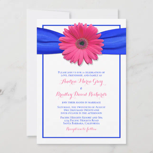 Pink Gerbera with Blue Satin Ribbon Invitation | Zazzle