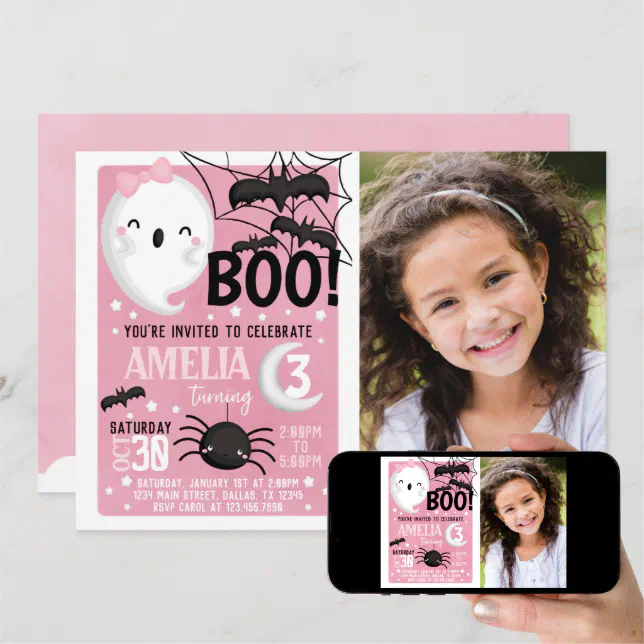 Pink Ghost Halloween Birthday Party Invitation | Zazzle