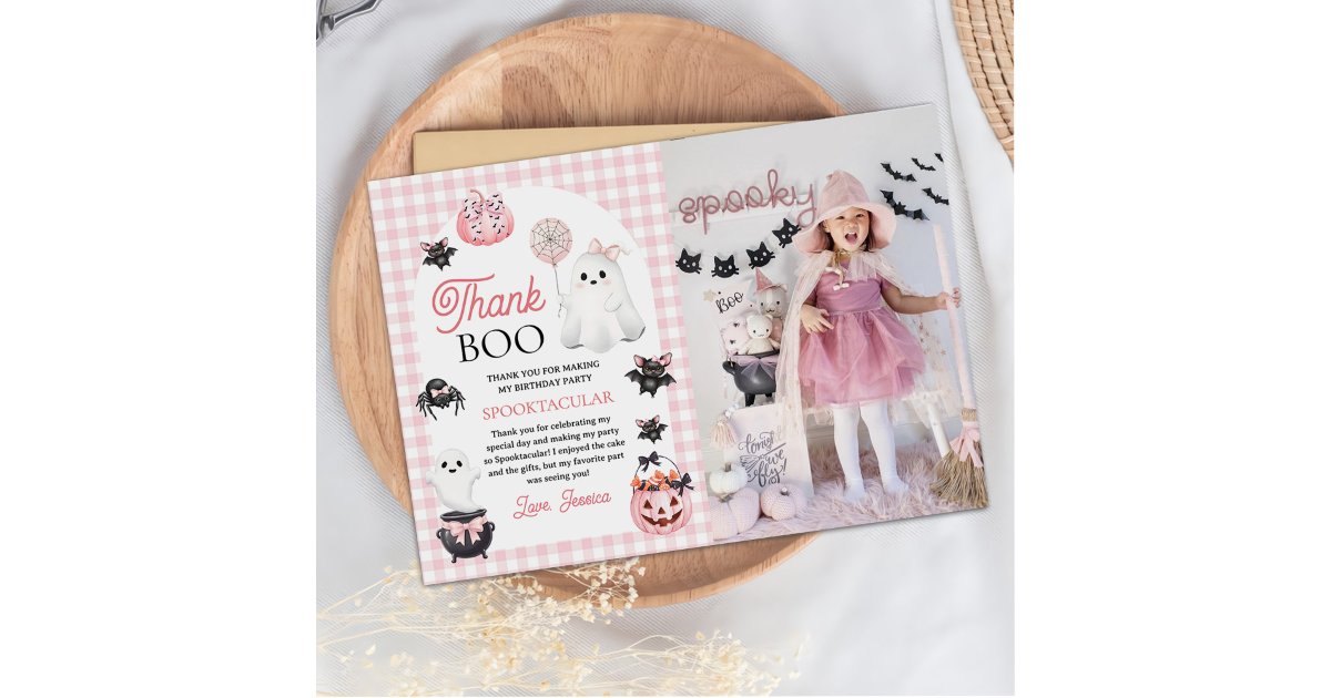 Pink Ghost Halloween Birthday Party Photo Thank You Card | Zazzle