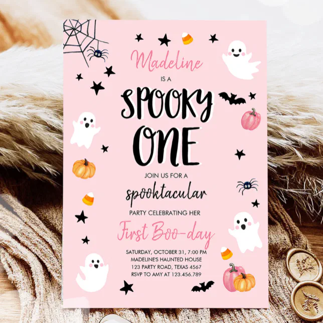 Pink Ghost Halloween Spooky One 1st Birthday Party Invitation | Zazzle