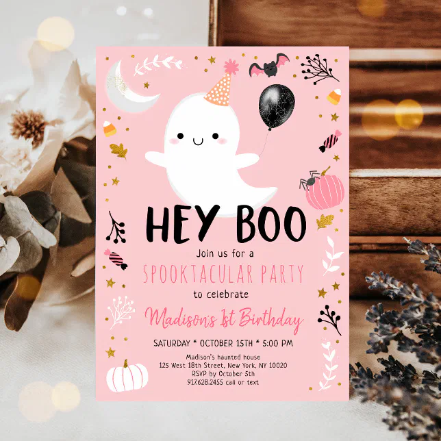 Pink Ghost Hey BOO Birthday Invitation | Zazzle