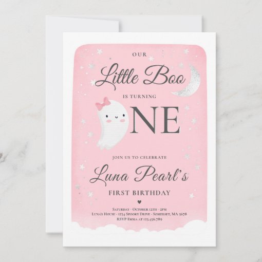 Pink Ghost Little Boo Birthday Party Halloween Invitation | Zazzle