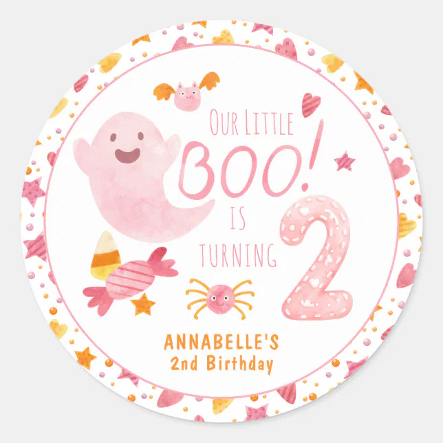 Pink Ghost Little Boo Turning Two 2nd Birthday Classic Round Sticker ...