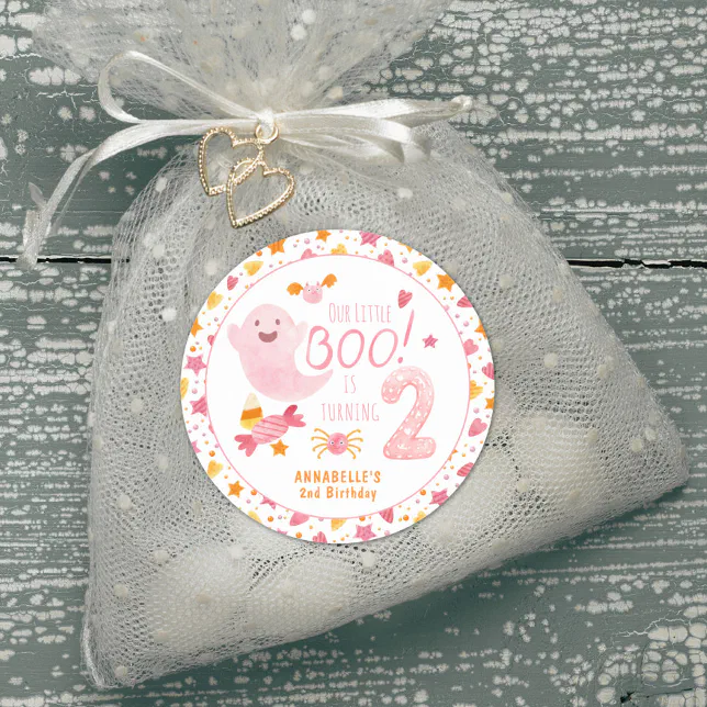 Pink Ghost Little Boo Turning Two 2nd Birthday Classic Round Sticker ...