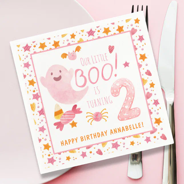 Pink Ghost Little Boo Turning Two 2nd Birthday Napkins | Zazzle