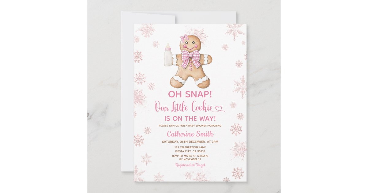 Pink Gingerbread Christmas Baby Shower Snowflakes Invitation | Zazzle