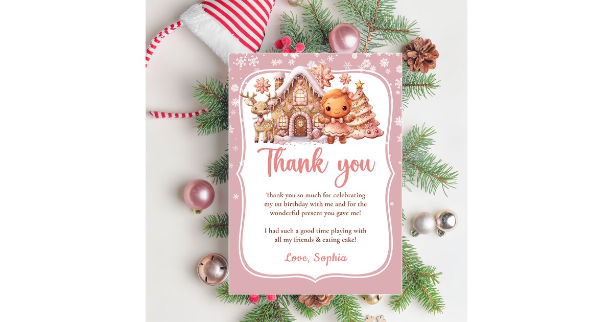 Pink Gingerbread Christmas Cookie Birthday Thank You Card | Zazzle