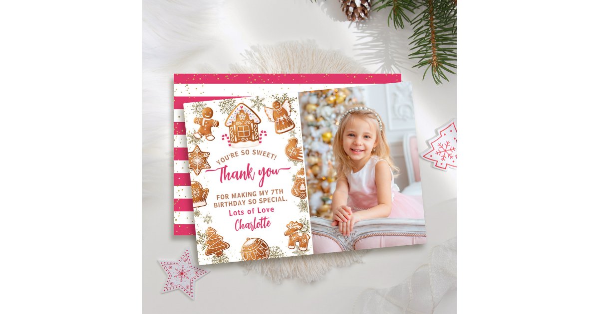 Pink Gingerbread Cookie Decorating Birthday Photo Thank You Card | Zazzle