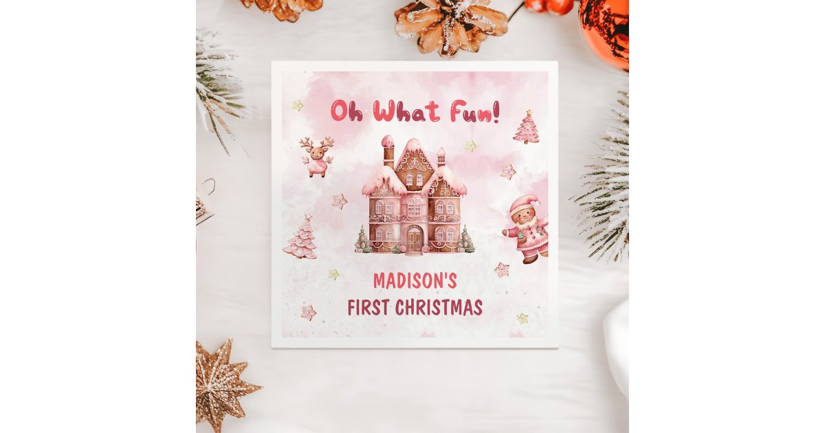 Pink Gingerbread House Christmas First Birthday Napkins | Zazzle