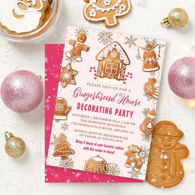 Pink Gingerbread House Decorating Party Christmas Invitation | Zazzle