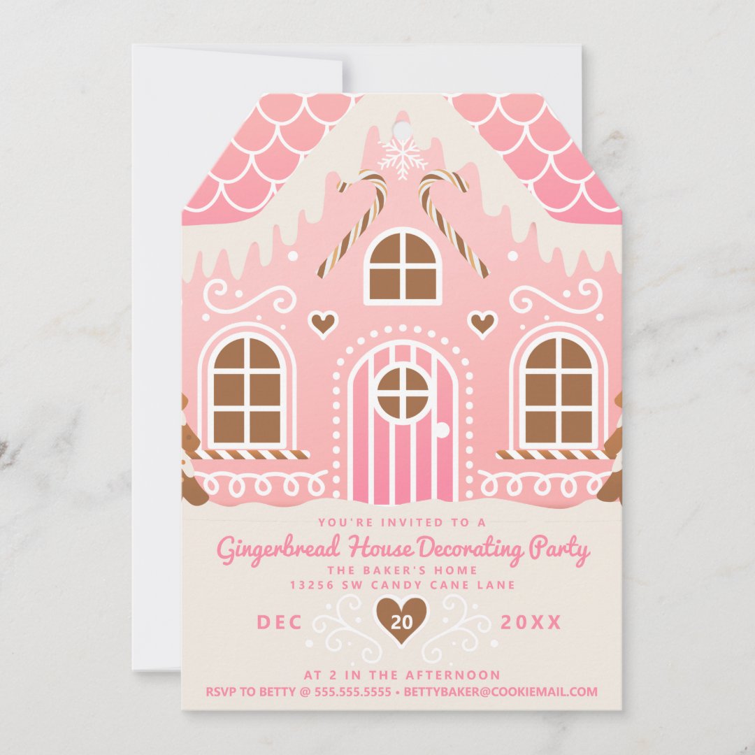 Pink Gingerbread House Decorating Party Invitation | Zazzle