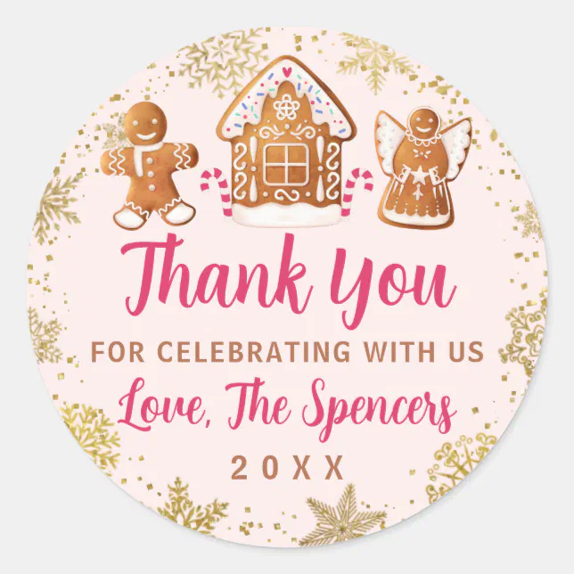 Pink Gingerbread House Holiday Party Thank You Classic Round Sticker ...