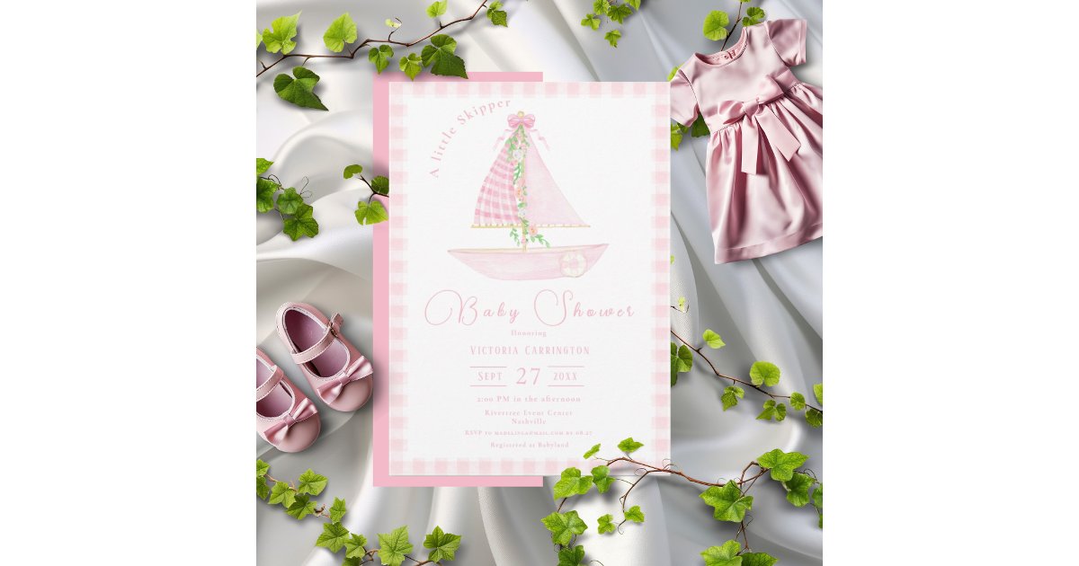 Pink Gingham A Little Skipper Modern Baby Shower Invitation | Zazzle