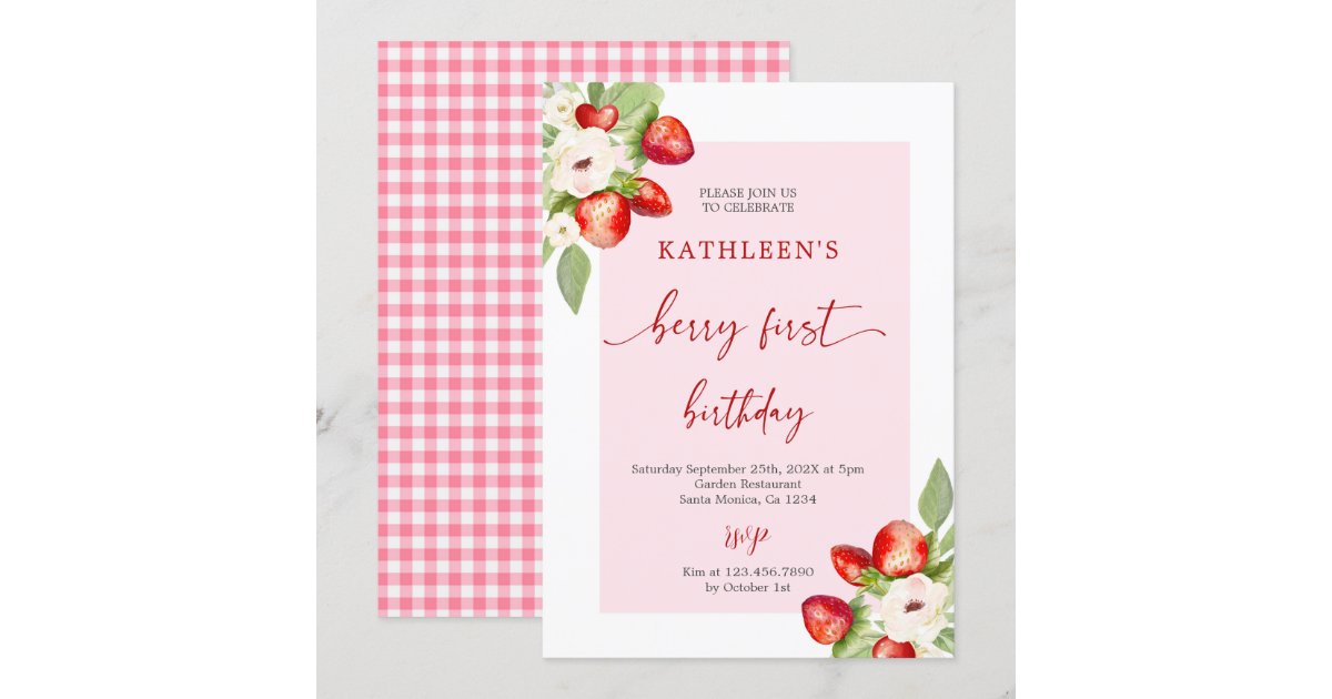 Pink Gingham Berry First Birthday Girl Invitation | Zazzle
