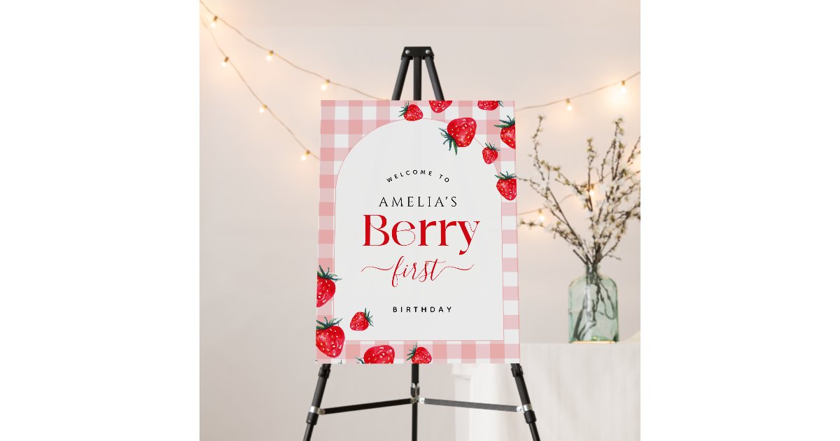 Pink Gingham Berry First Birthday Strawberry Girl Foam Board | Zazzle