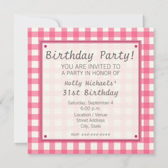 Pink Gingham Birthday Party Invitation | Zazzle.com